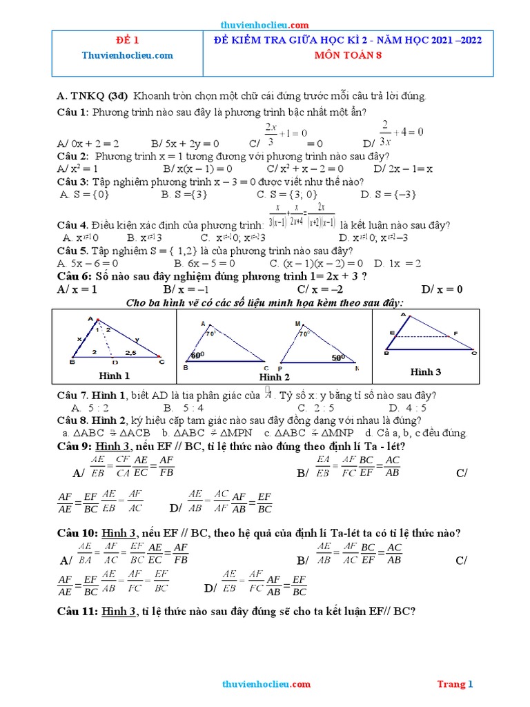 Bo de Thi Giua Ki 2 Toan 8 Nam 2022 Co Dap An | PDF