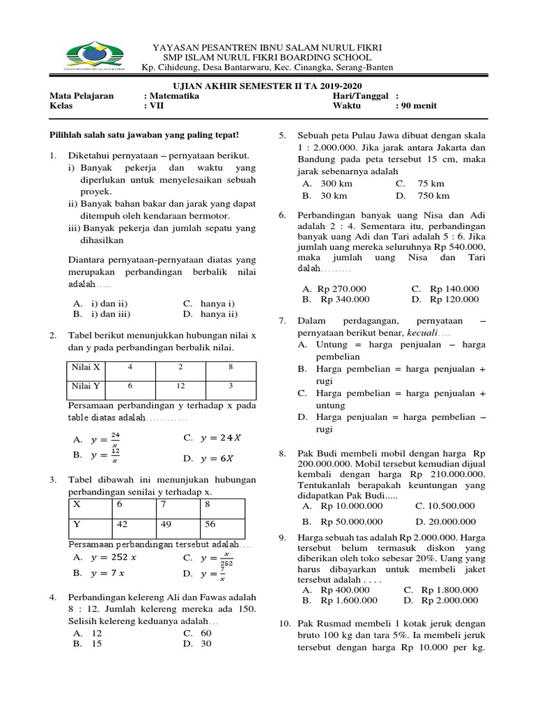 Soal Pat MTK Kelas 7 | PDF