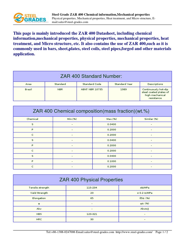 Datasheet for Steel Grade ZAR 400: Chemical Composition, Physical and ...