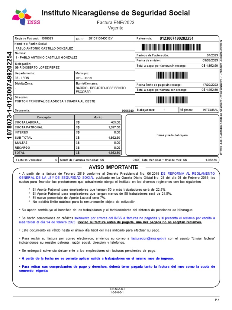 Instituto Nicaragüense de Seguridad Social: Factura ENE/2023 Vigente ...