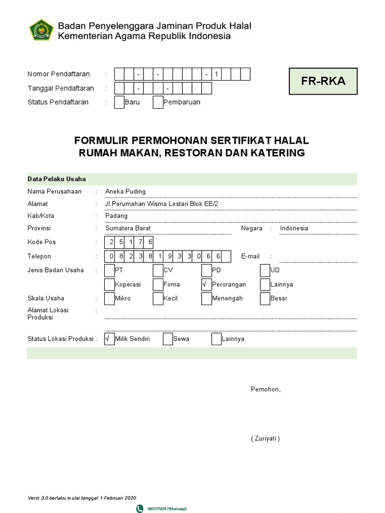 1.a. Formulir Pendaftaran Rumah Makan-Restoran-Katering | PDF
