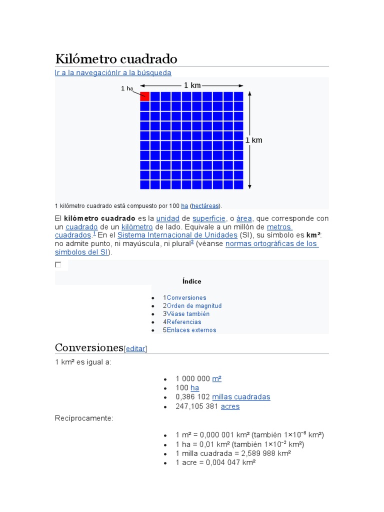 Kilómetro Cuadrado: Conversiones | PDF | Wikipedia | Licencia Creative ...