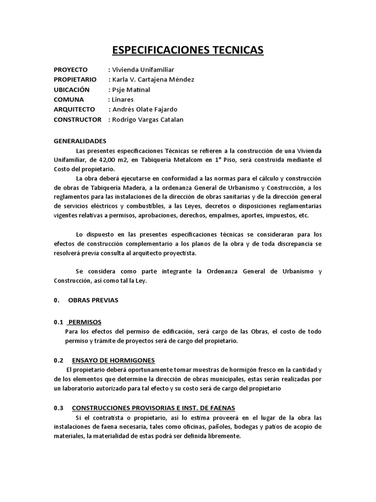 Especificaciones Tecnicas Casa Habitacion | PDF | Hormigón | Fundación (Ingeniería)