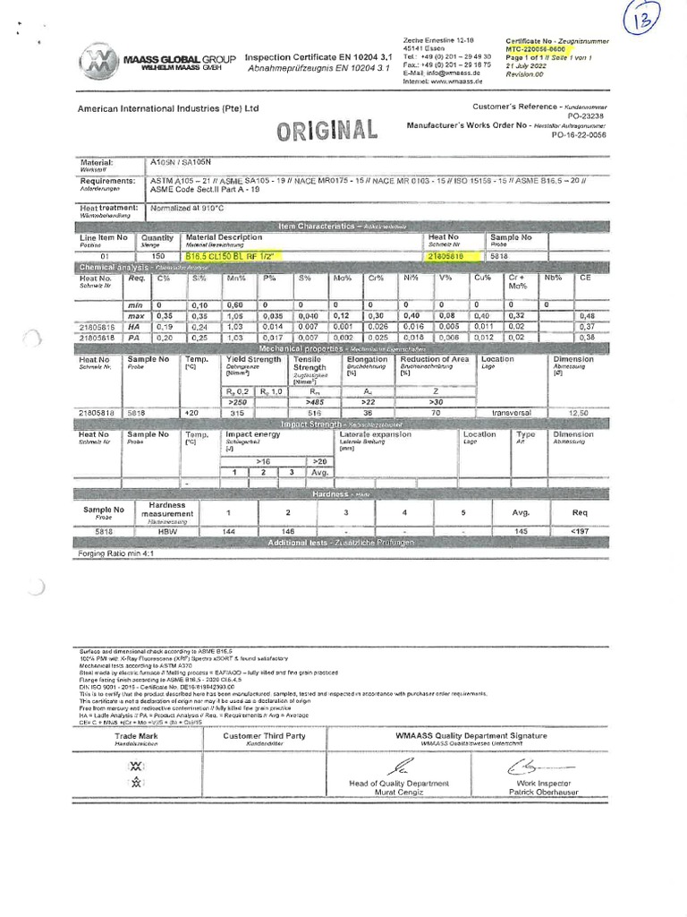 2214 - 001 Mill Certificate | PDF