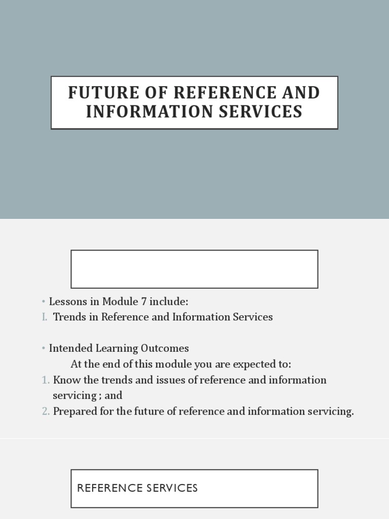 Future Trends in Reference Services | PDF | Libraries | Librarian