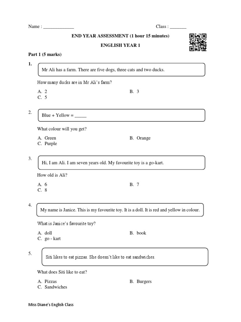 Year 1 English End-Year Assessment | PDF