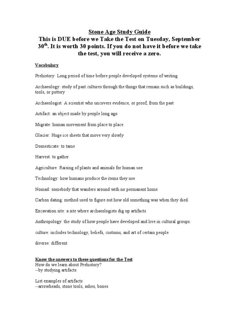 Stone Age Study Guide for Test | PDF | Stone Age | Archaeology