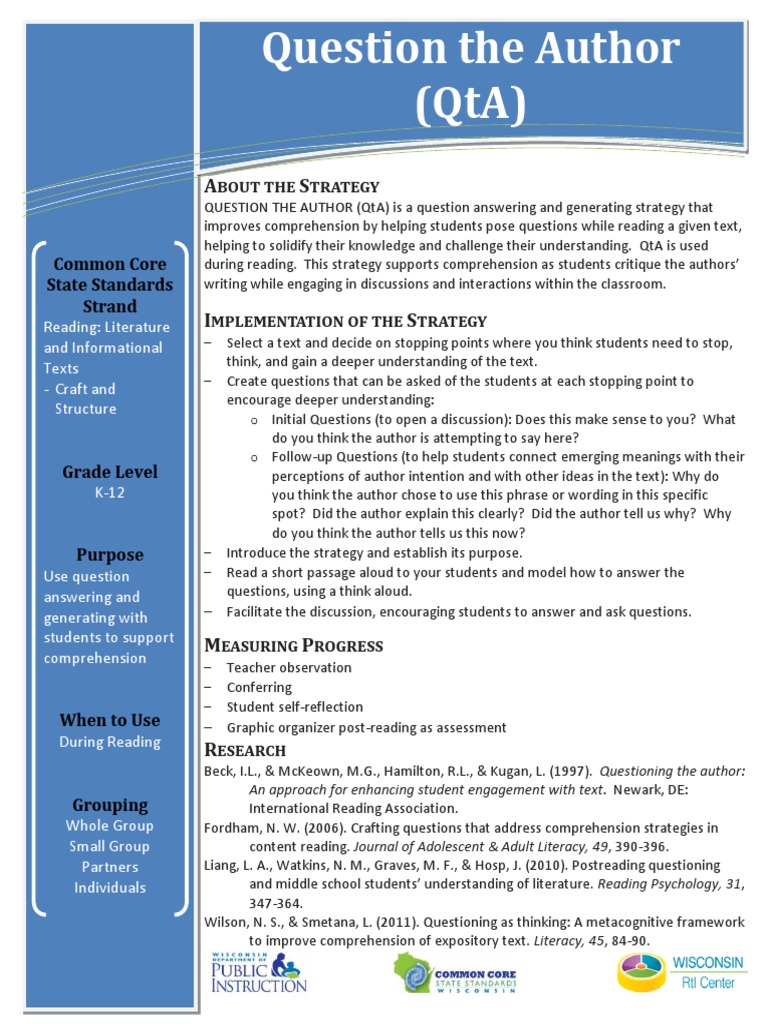 Questioning the Author (QtA): A Strategy to Improve Comprehension ...