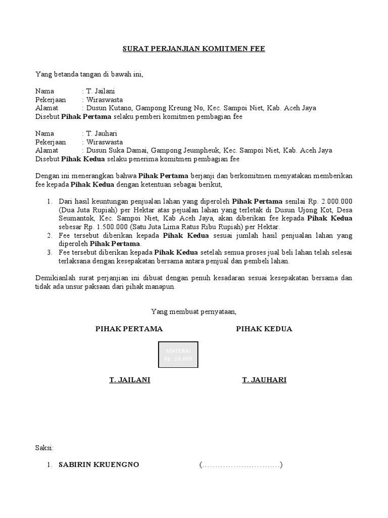 Surat Perjanjian Komitmen Fee | PDF