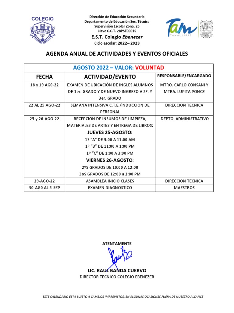 Agenda Anual de Actividades y Eventos Oficiales | PDF