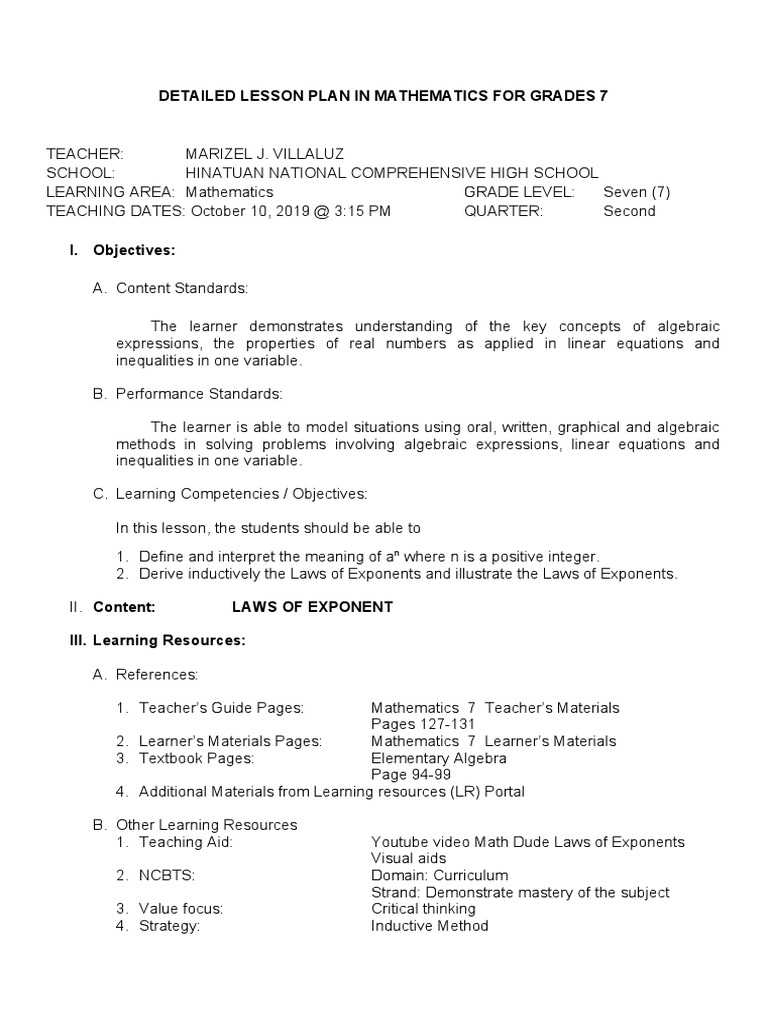 Laws of Exponents Lesson Plan for Grade 7 | PDF | Mathematics | Equations