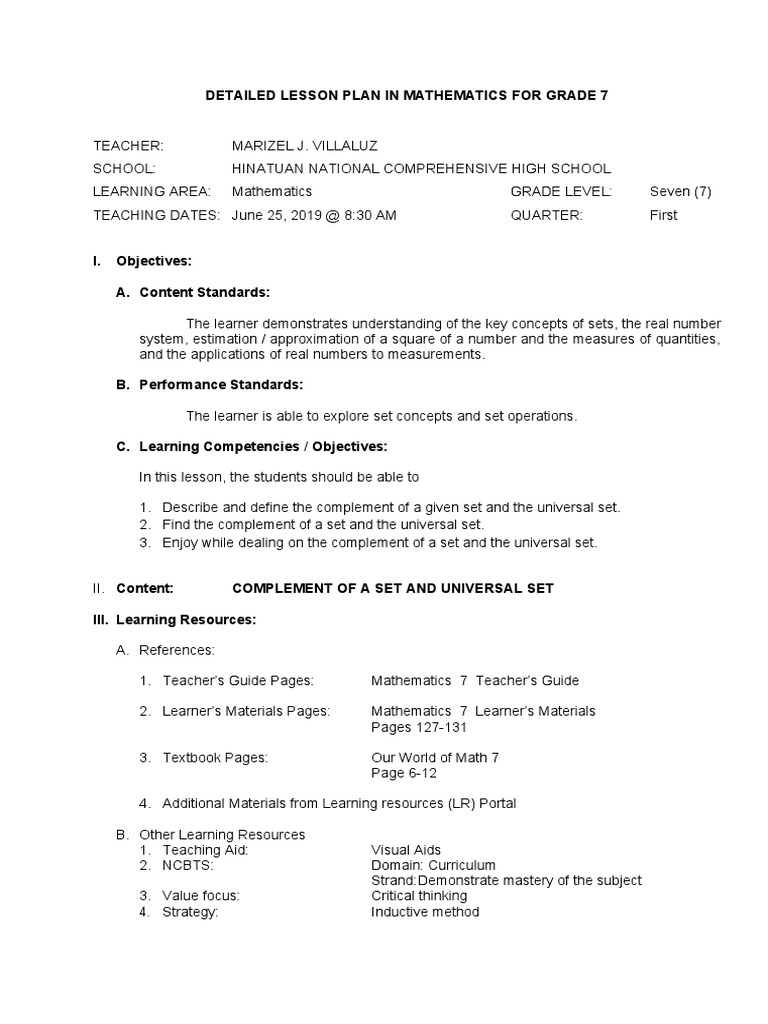 Lesson Plan - Complement of A Set | PDF | Planets In Astrology | Planets