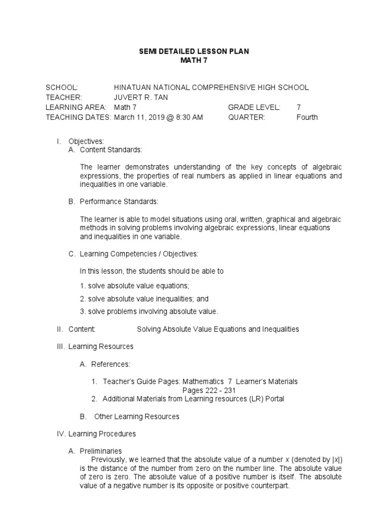Semi Detailed Lesson Plan - Math 7 | PDF | Teaching Methods & Materials