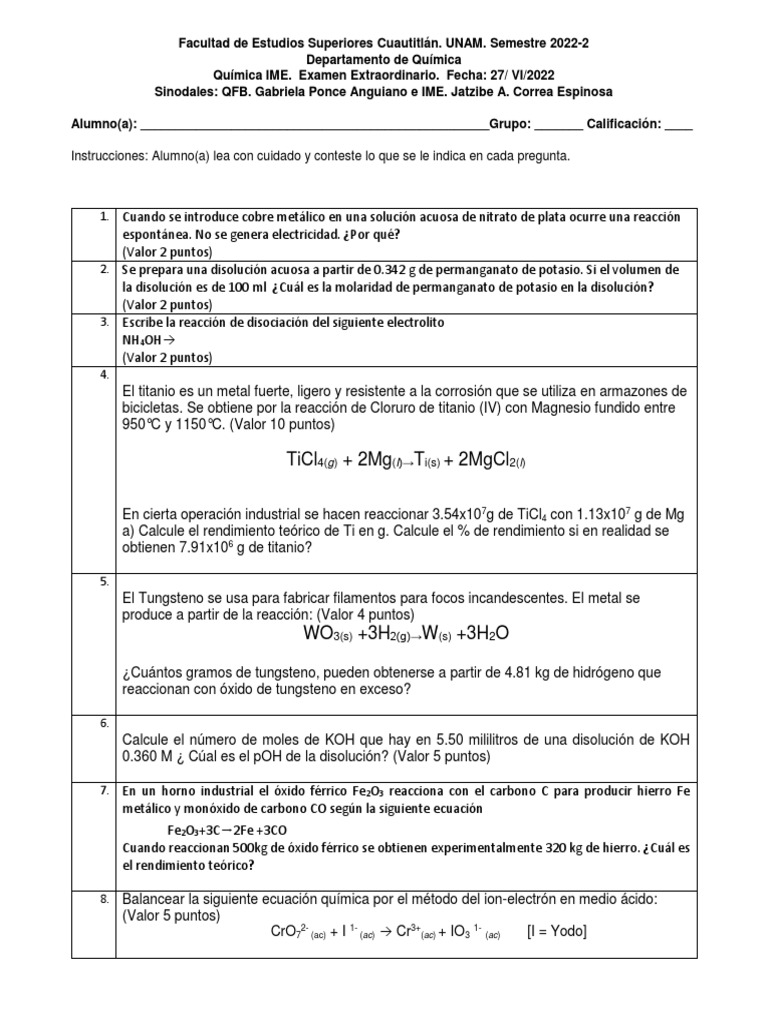 Ex EXTRA QUIM IME Jun 2022 | PDF | Hierro | Hidrógeno