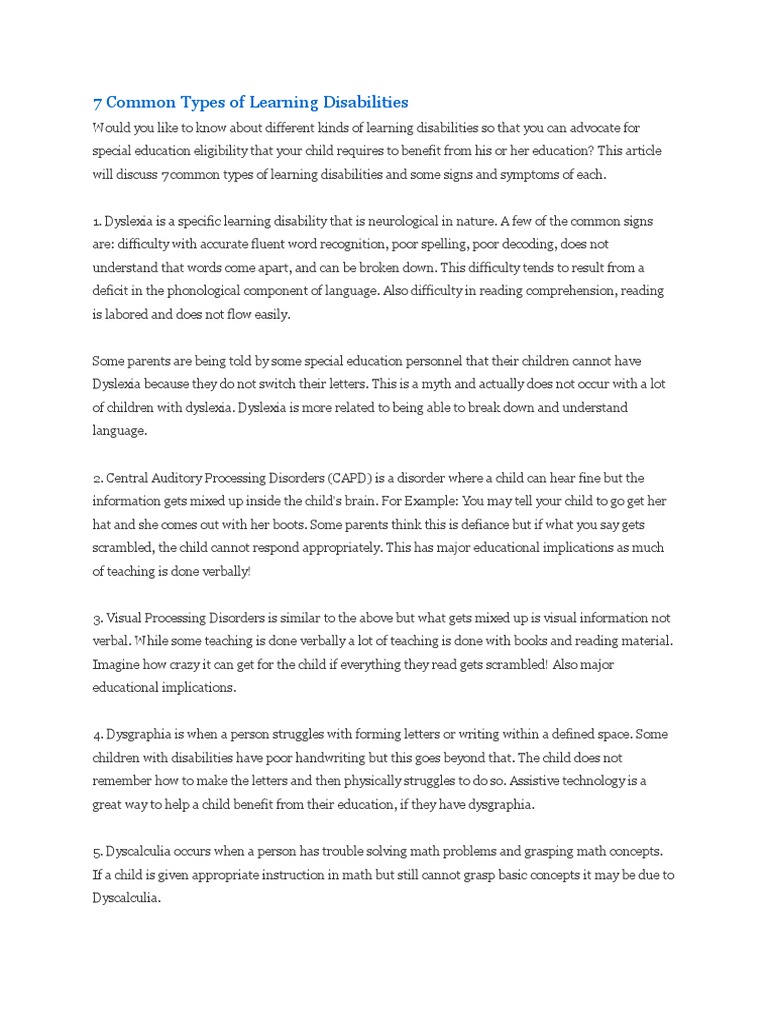 7 Common Learning Disabilities | PDF | Dyslexia | Learning Disability