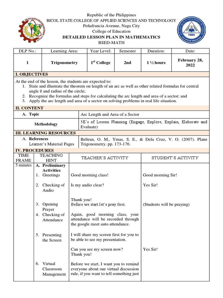 Arc Length and Sector Area Lesson Plan | PDF | Angle | Circle