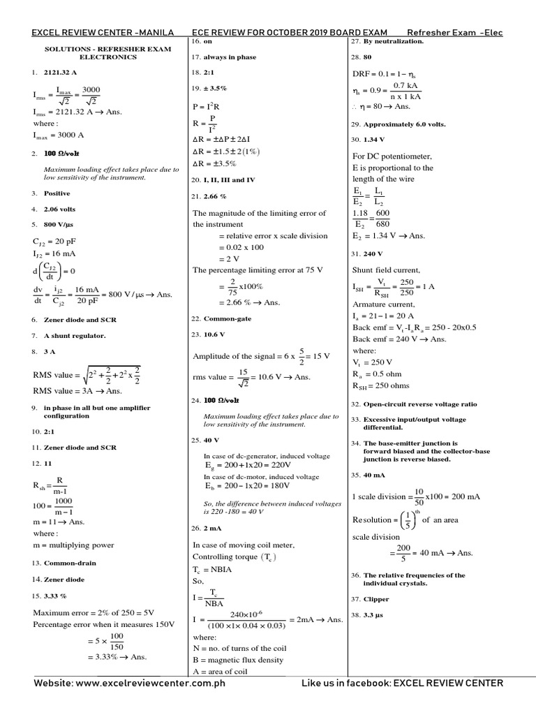 Solutions Refresher Exam Electronics MANILA | PDF | Inductor | Amplifier
