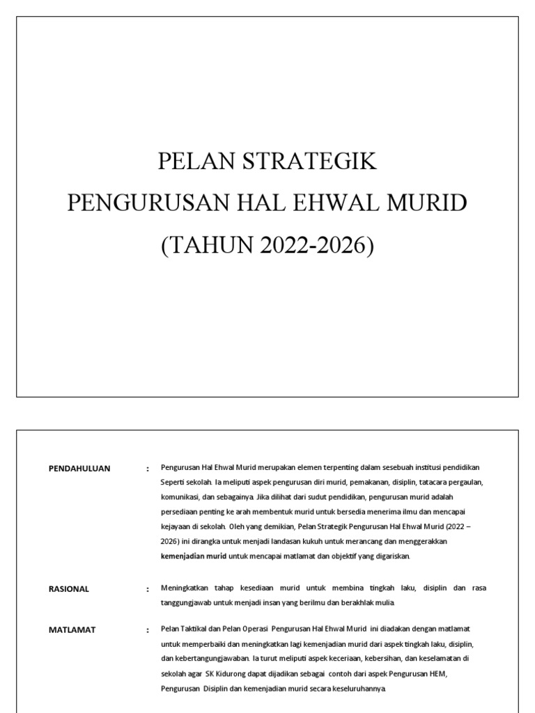 Plan Strategik Pengurusan Hem SK Kidurong 2022 | PDF