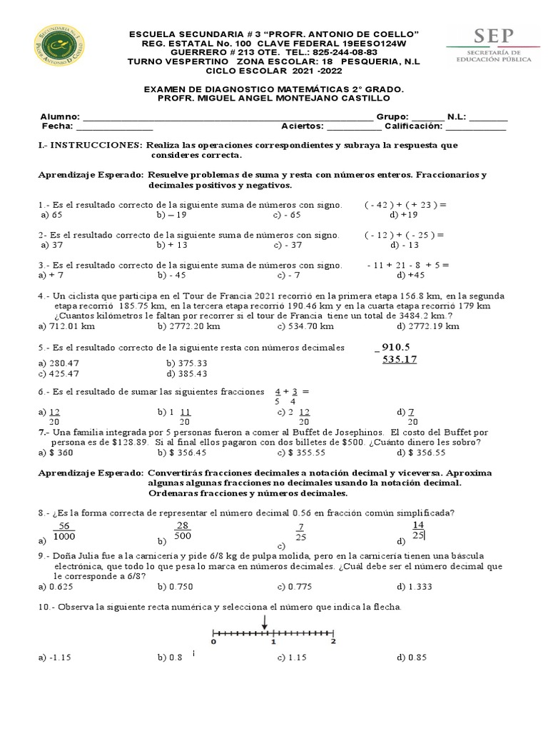 Examen de diagnóstico de matemáticas para segundo grado de secundaria en la Escuela Secundaria ...