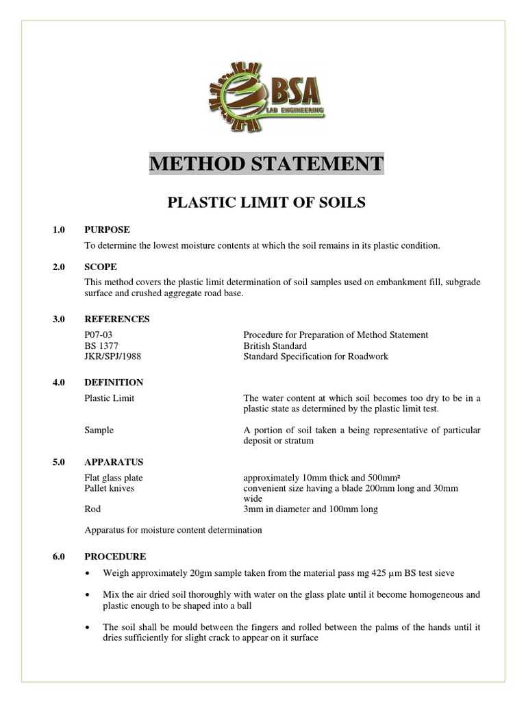 Method Statement Lab - BSA (Soil) - 032718 | PDF | Density | Soil