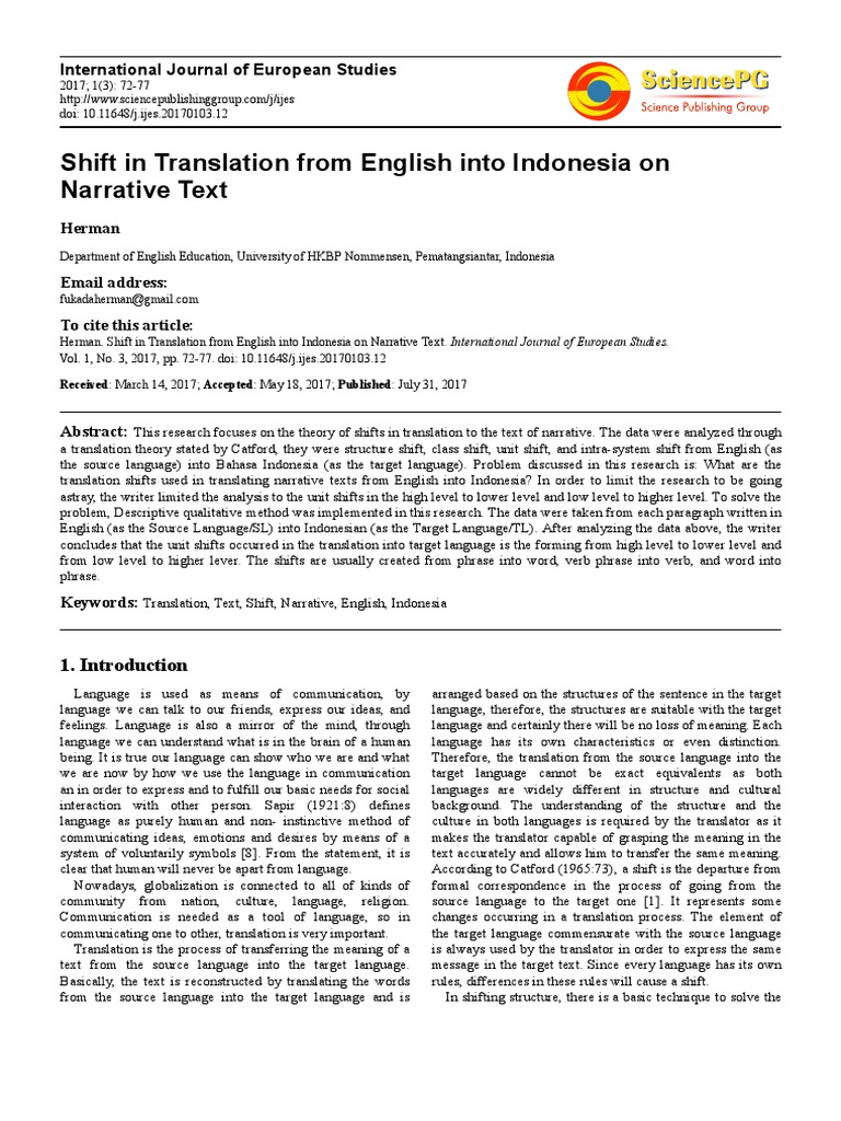 Shift in Translation From English Into Indonesia On Narrative | PDF ...