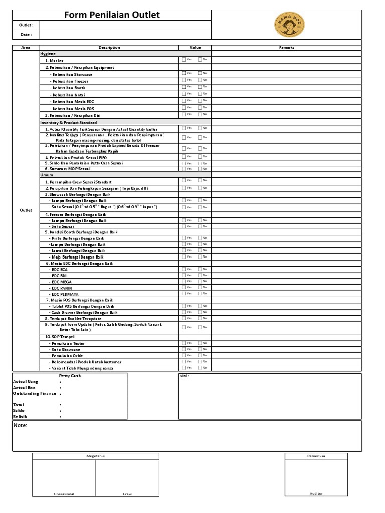 Checklist Kebersihan dan Operasional Outlet | PDF