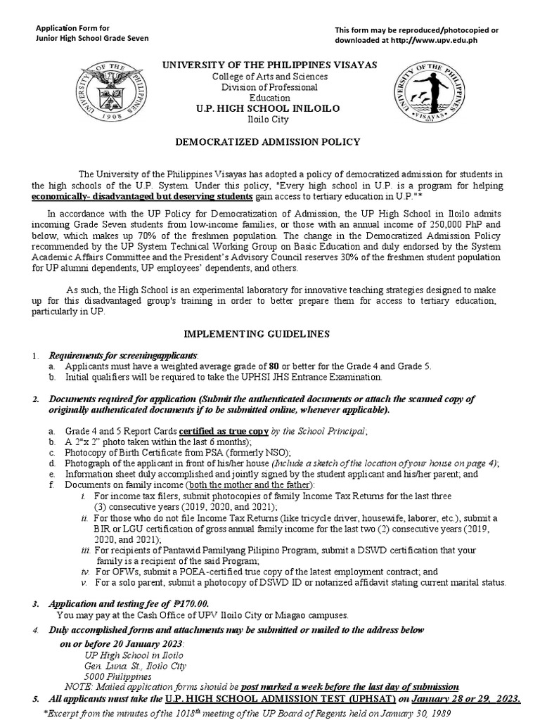 JHS APPLICATION FORM For Admissions AY 2023 2024 For Distribution | PDF | University And College ...