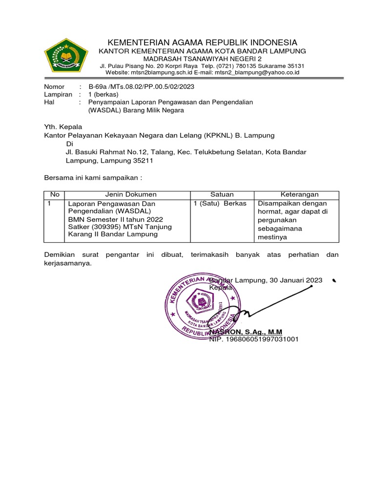 Surat Pengantar Wasdal MTSN 2 Bandar Lampung 309395 | PDF