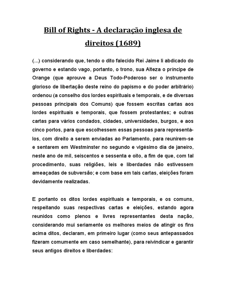 Bill of Rights - English Declaration of Rights (1689 | PDF | Casa dos ...