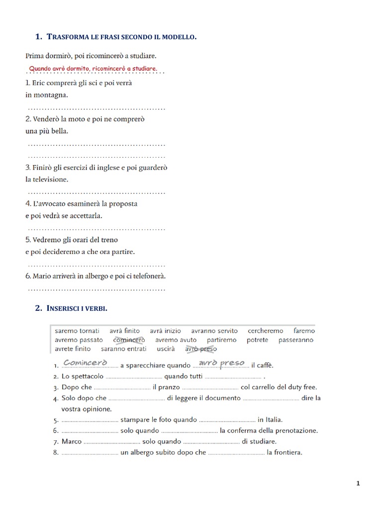 Esercizi - Futuro Anteriore | PDF