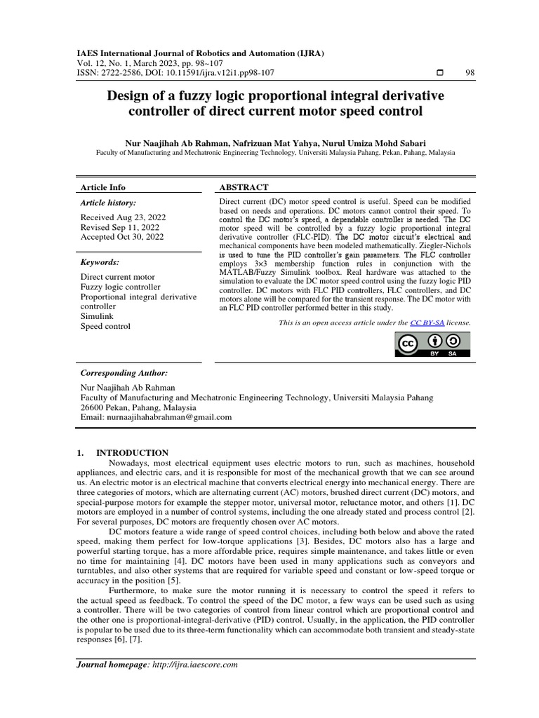 Design of A Fuzzy Logic Proportional Integral Derivative Controller of Direct Current Motor ...