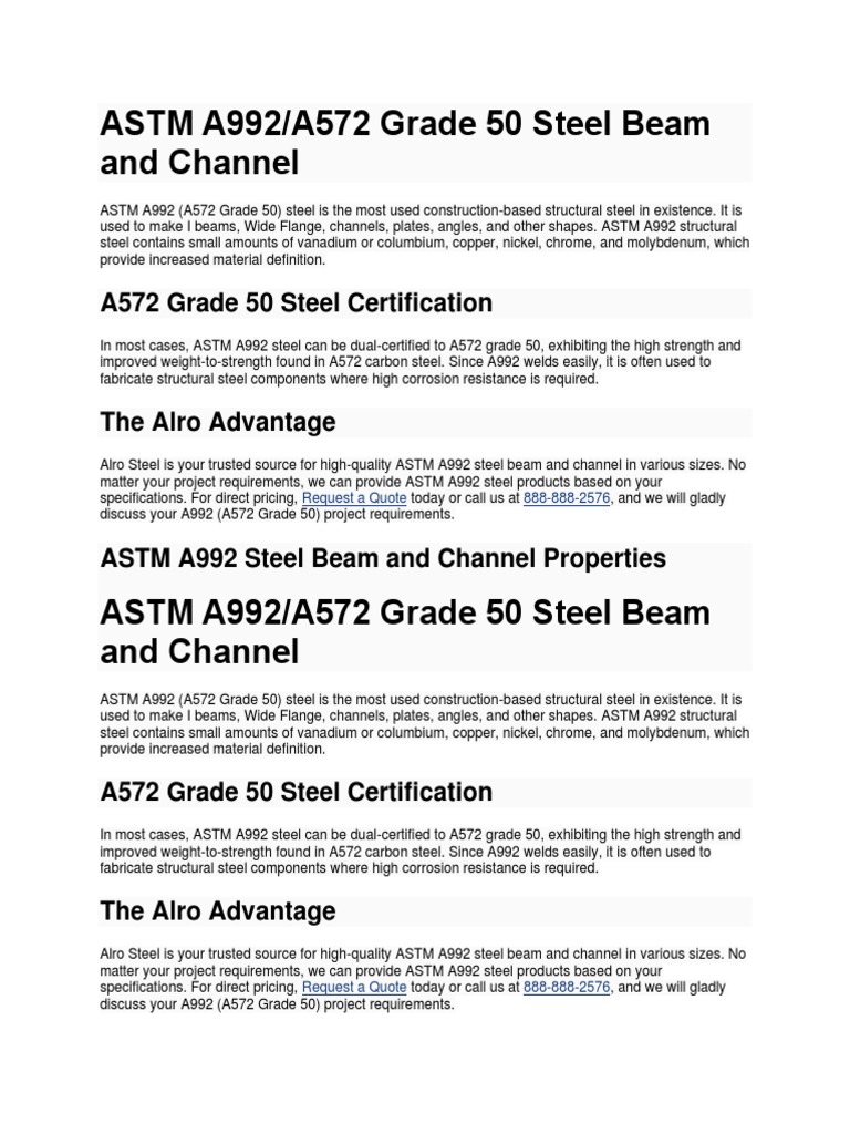 ASTM A992/A572 Grade 50 Steel Beam and Channel | PDF | Steel ...