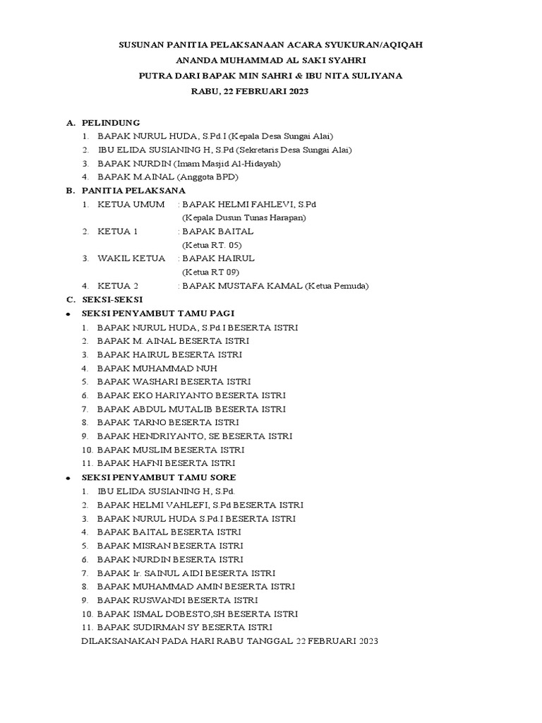 Susunan Panitia Pelaksanaan Acara Syukuran | PDF
