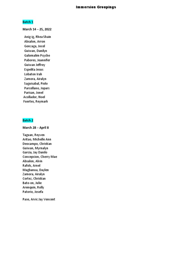 Immersion Groupings | PDF