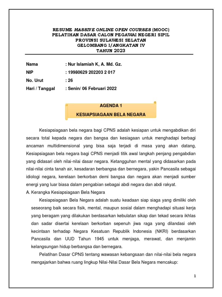 Agenda 1. Kesiapsiagaan Bela Negara | PDF
