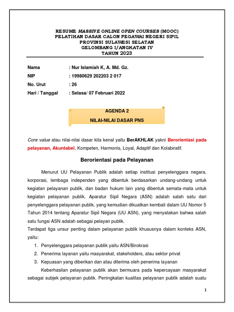 Agenda 2. Nilai-Nilai Dasar Asn | PDF