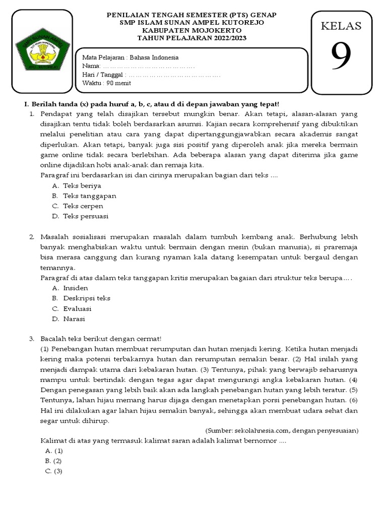 Soal PTS Genap Bahasa Indonesia Kelas Ix | PDF