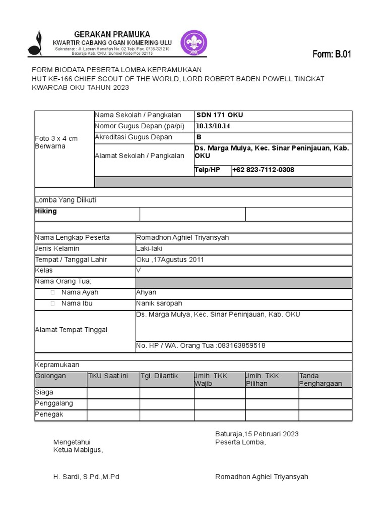Form Biodata Peserta Lomba Kepramukaan | PDF