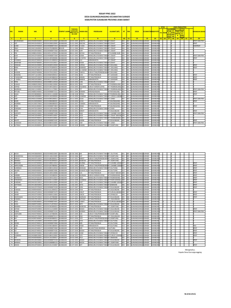 Form Rekap Ppks (PMKS) Desa Gunungsungging-2023 | PDF