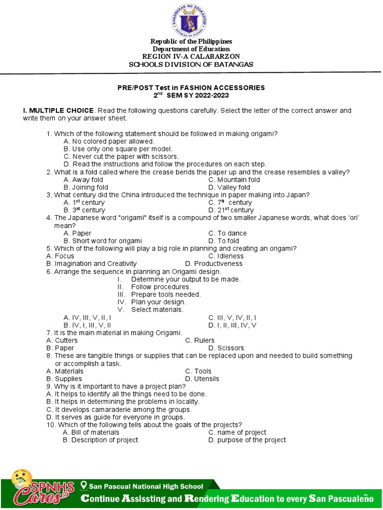 PrePost Test Fashion Accessories 2nd Sem | PDF | Origami
