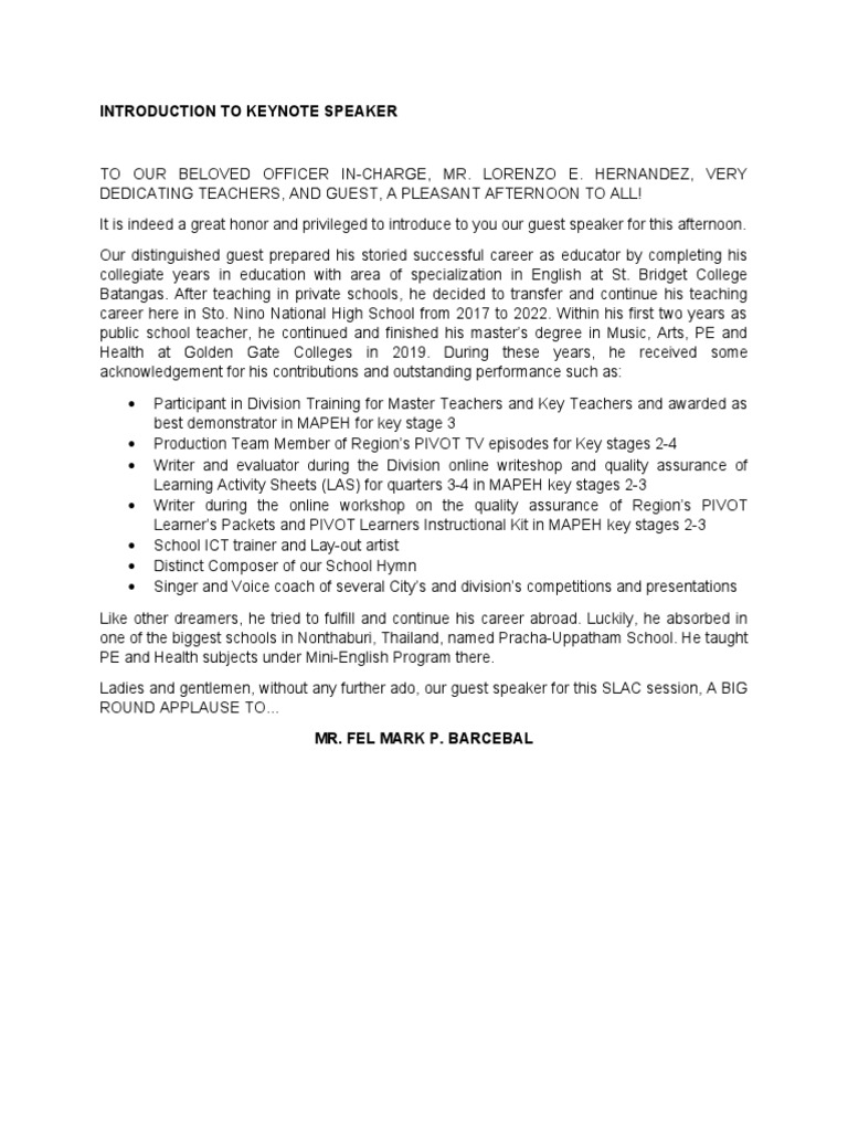 Introduction To Keynote Speaker | PDF