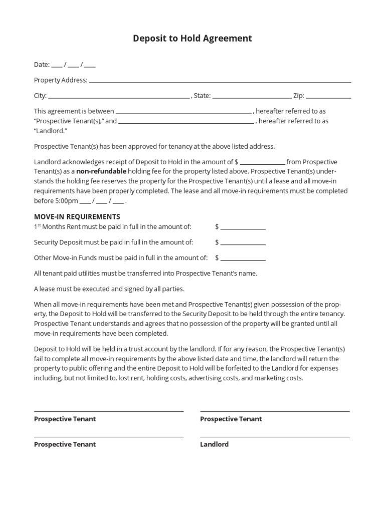 Deposit to Hold Agreement Guide | PDF | Business | Finance & Money ...