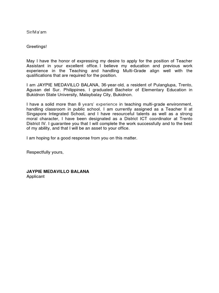 Cover Letter For Teaching Assistant Application | PDF
