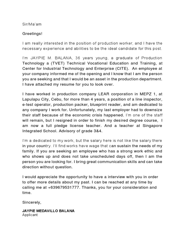 Cover Letter For Production Worker | PDF Cover Letter For Production Worker | PDF