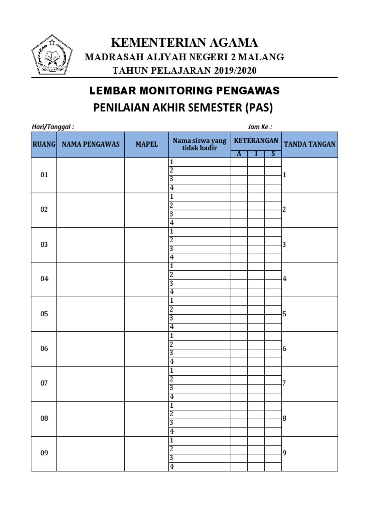 Lembar Monitoring PAS Madrasah 2019/2020 | PDF