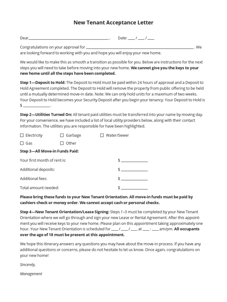 New Tenant Acceptance Letter PDF | PDF