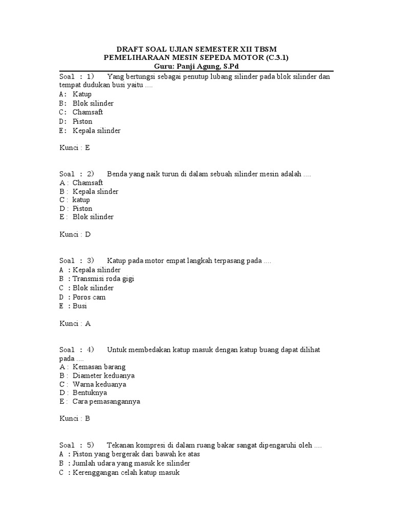 Draft Soal Ujian Semester - Pemeliharaan Mesin - Xii TBSM | PDF | Metode & Bahan Ajar | Komputer