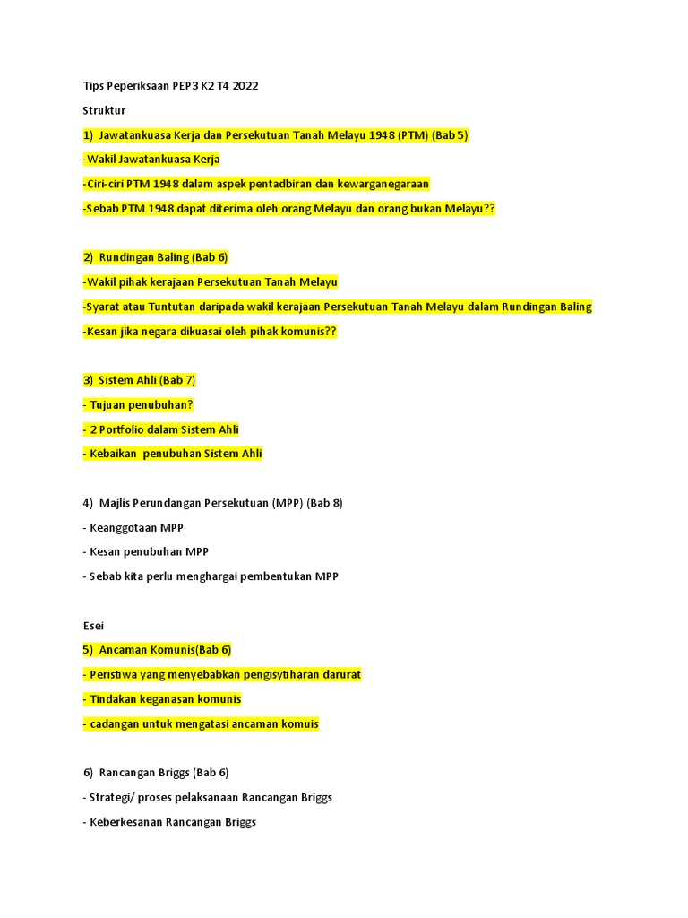 Tips Peperiksaan PEP3 K2 T4 2022 | PDF