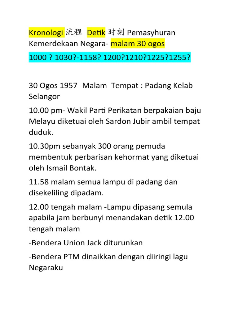 Kronologi流程 Detik 时刻Pemasyhuran Kemerdekaan Negara | PDF
