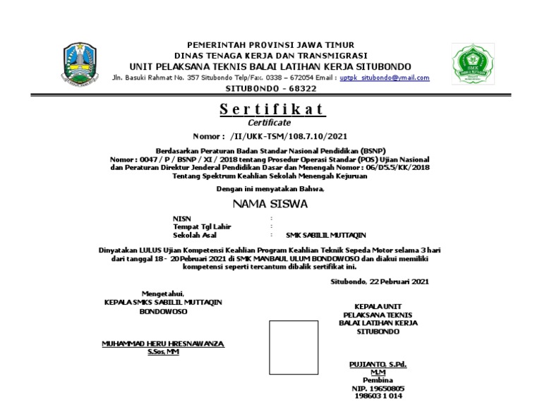 Sertifikat Ukk Depan Sabilil Ok | PDF